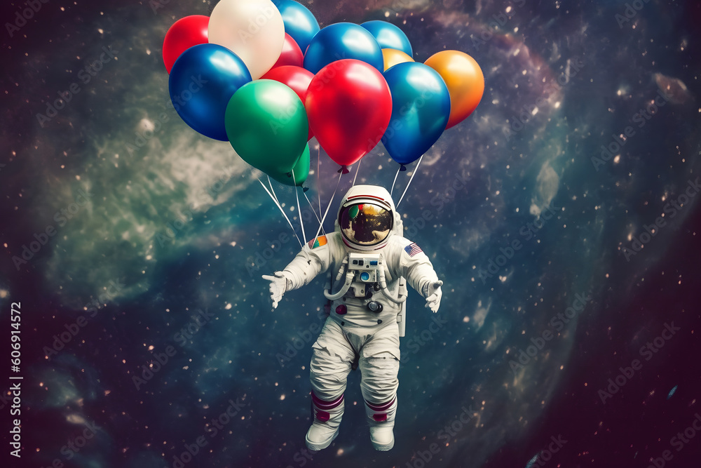 astronaut cartoon floating with balloon planet in space background ...
