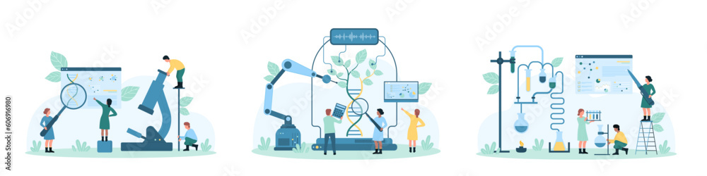 Science research set vector illustration. Cartoon tiny people study DNA ...