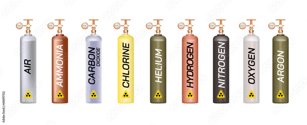 Chemical gas cylinders illustration. ammonia, carbon dioxide, chlorine ...