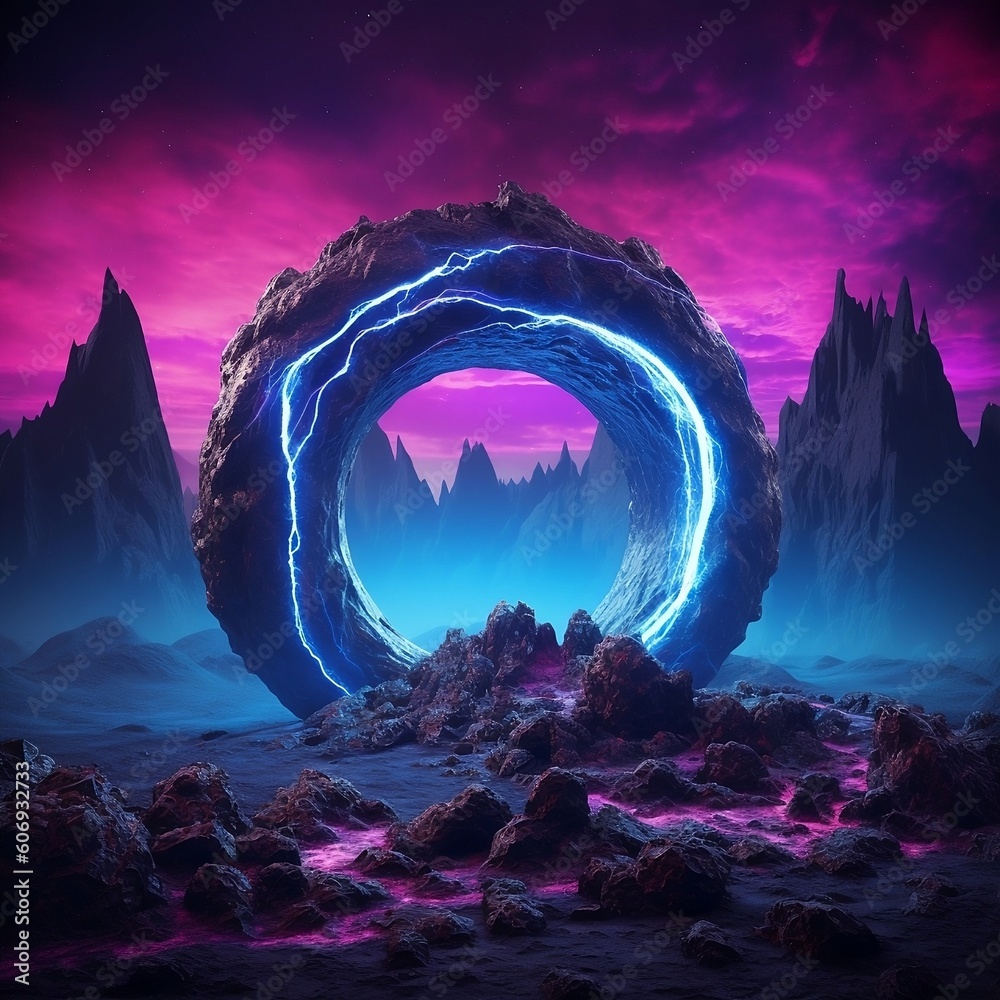 3d render, abstract neon background, mystical cosmic landscape, White ...