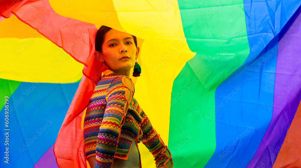 Foto Stock Elegance transgender model woman in colorful rainbow flag ...