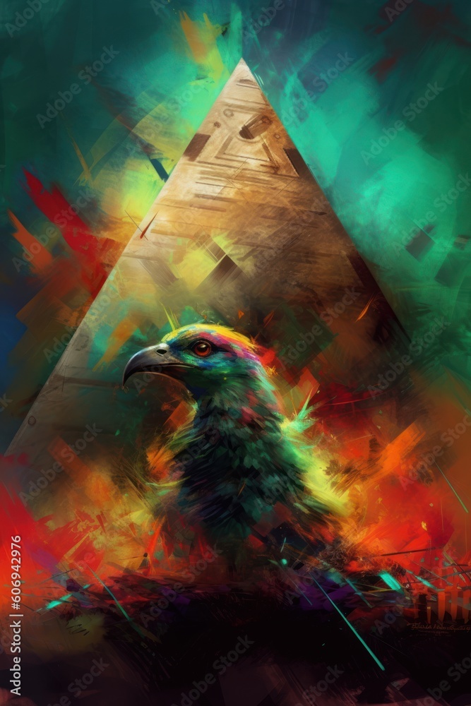 Quetzal Symbol burning in an ancient pyramid deconstruction made with ...