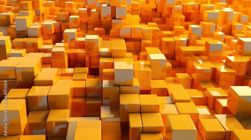 Orange and Yellow, Bursting 3d shapes Completely Organized to create a ...