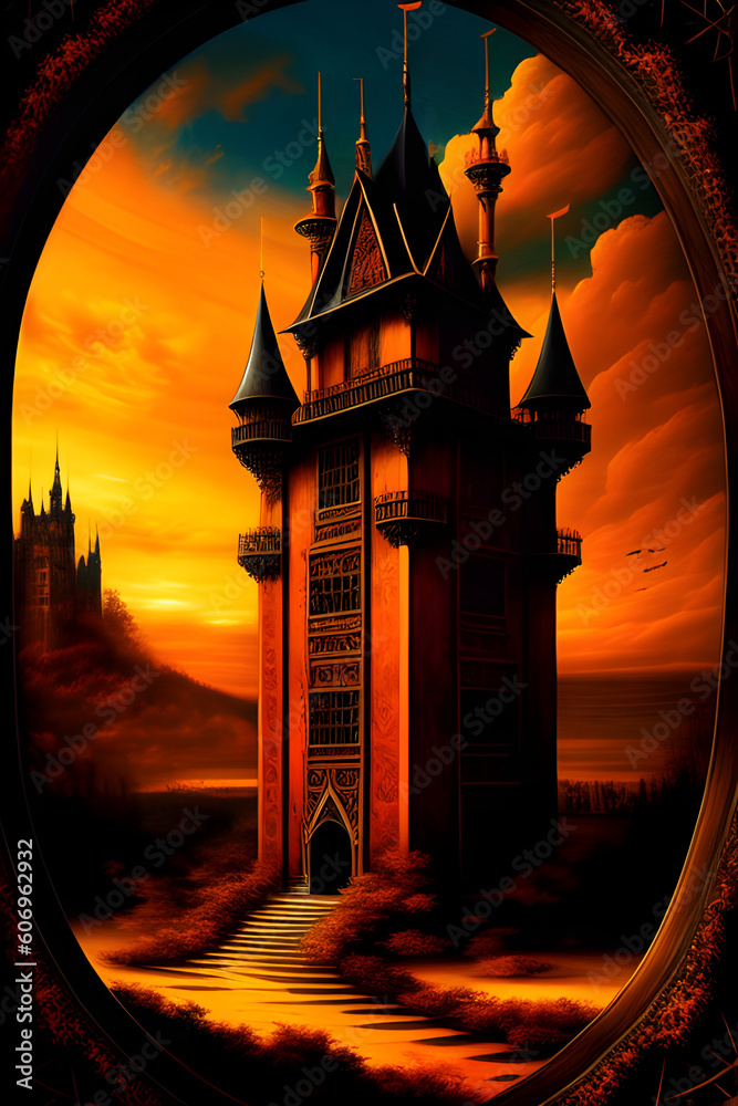 Aged painting of a large, hell demonic castle with a clock tower in a ...