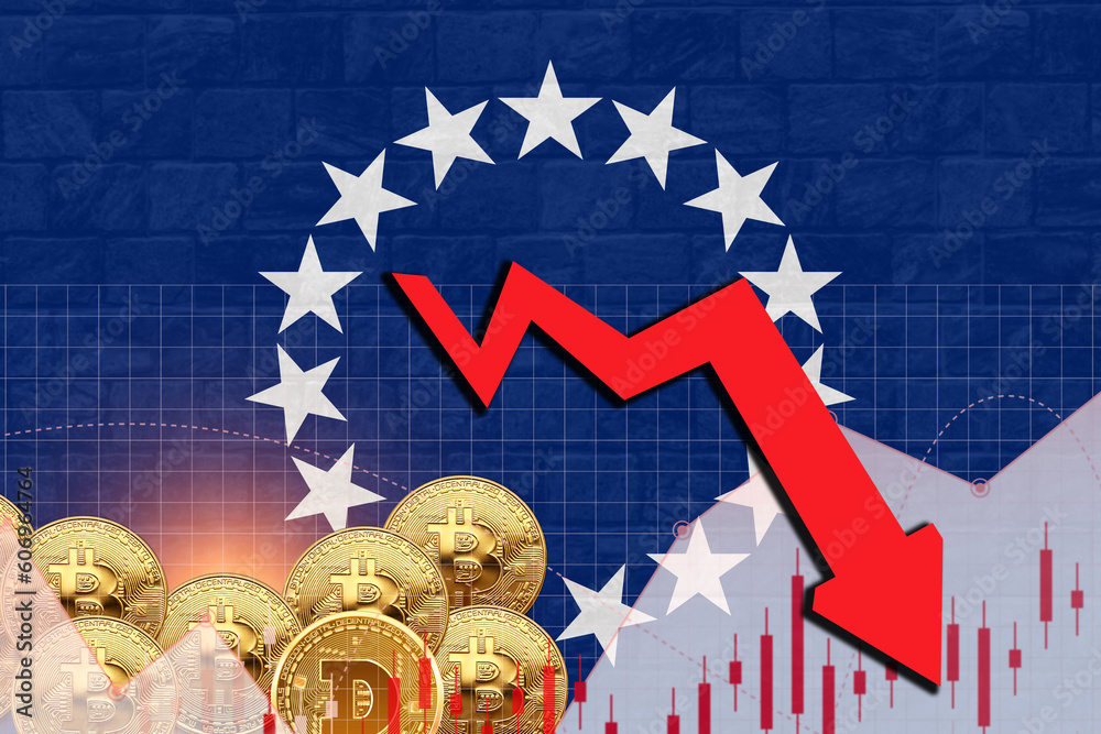 Cook Islands flag in wall texture with stock rate decrease and crypto ...