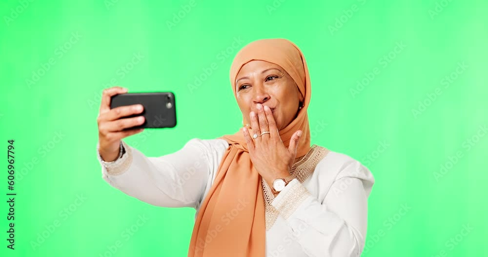 Islamic woman, selfie and green screen with kiss, studio background or ...