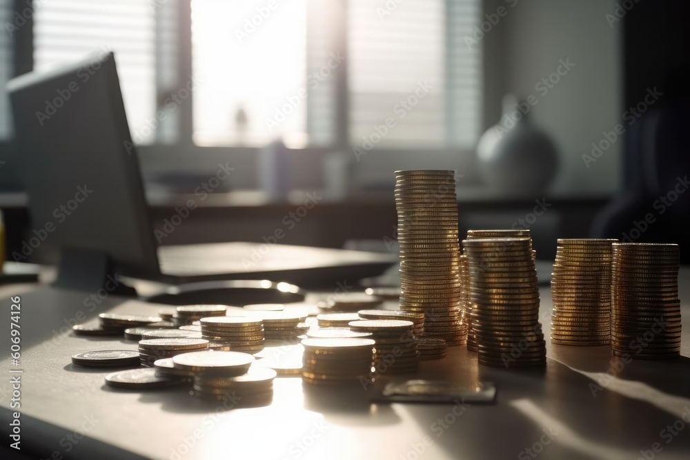 On the table in the office is a stack of coins and a computer created ...
