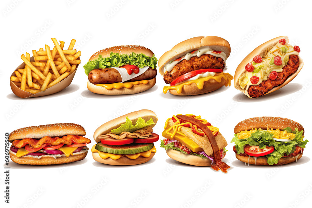 Collection of different fast food like french fries hamburger, hotdog ...
