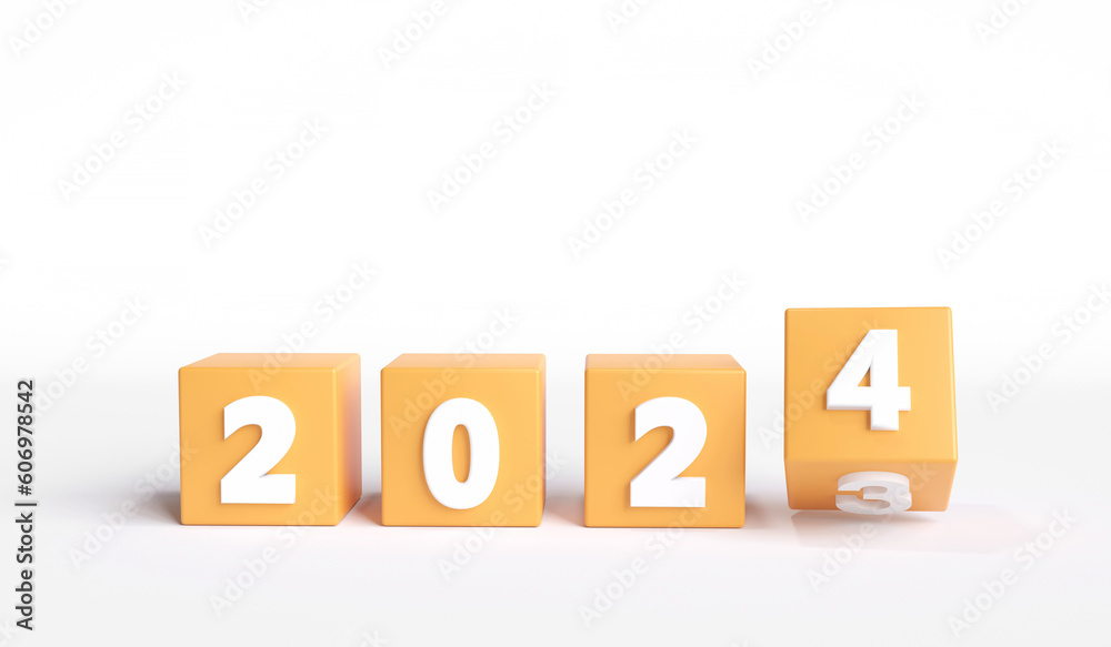 yellow cube with 2023 flips over, replaced by the latest 2024 on white ...