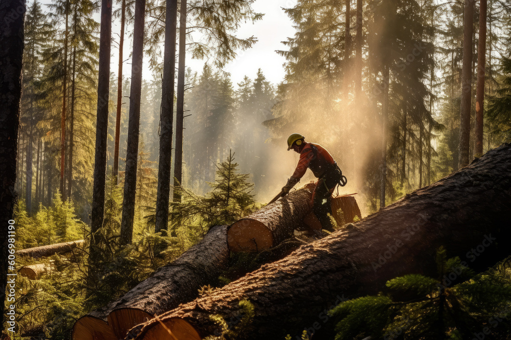 woodcutter with chainsaw, the logging timber wood industry, created ...