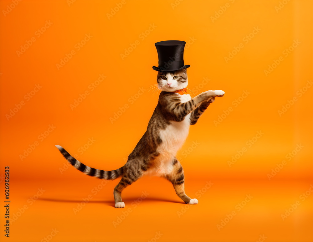 dancing cat wearing top hat isolated on plain orange studio background ...