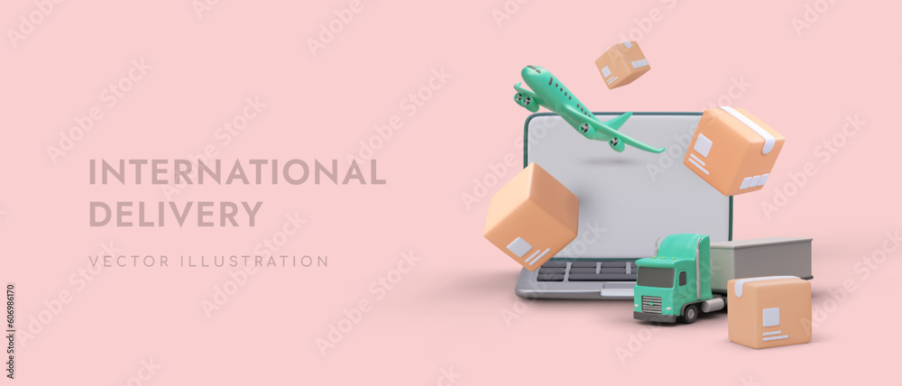 Vetor de International delivery. Shipment of postal parcels by trucks ...