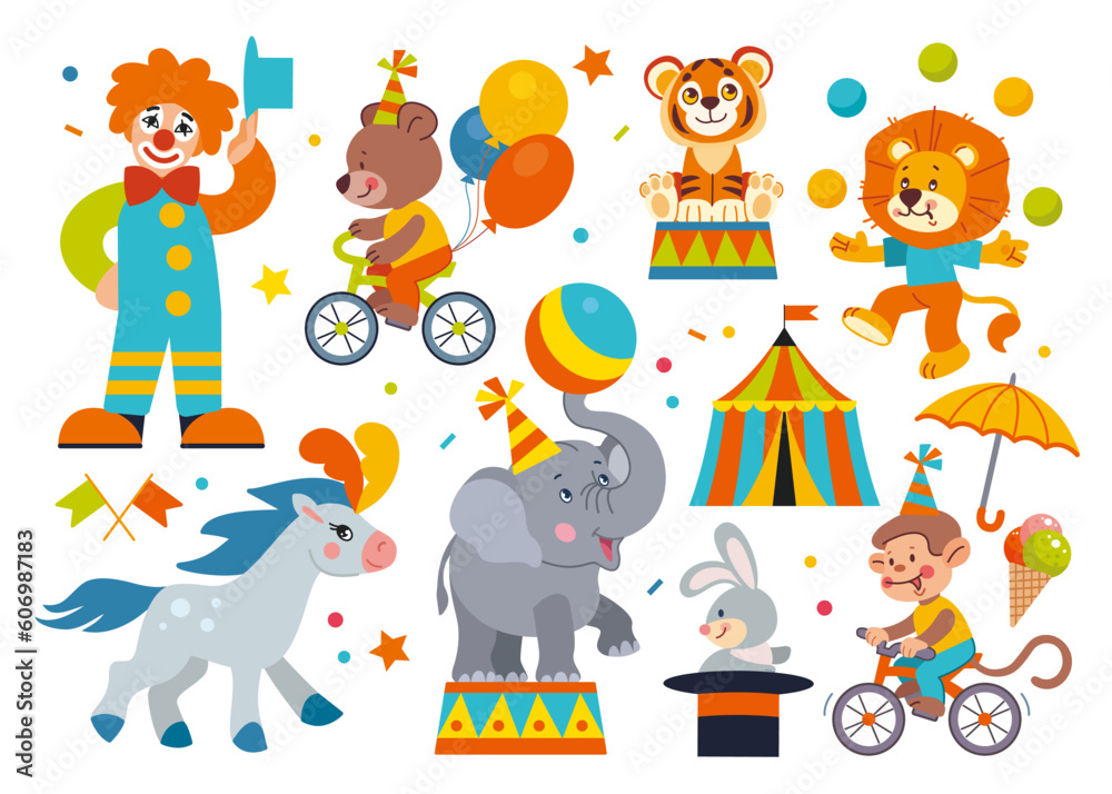 Set of cute cartoon circus animals and clown. Cycling bear and monkey ...