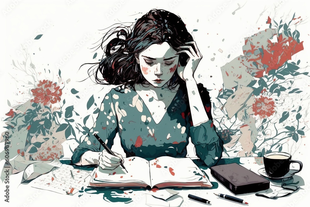 AI illustration d'une jeune fille triste qui écrit sur un journal ...