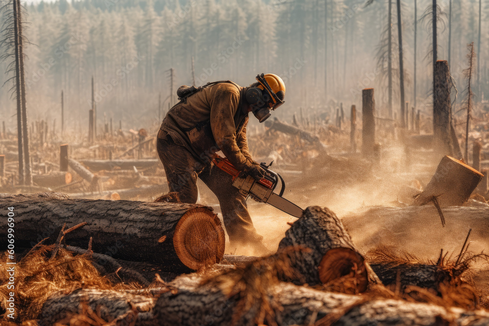 woodcutter with chainsaw, the logging timber wood industry, created ...