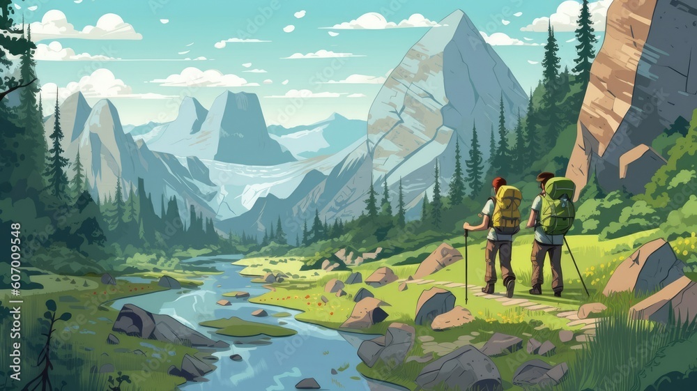 Hiking and trekking: Illustrations depict people exploring scenic ...