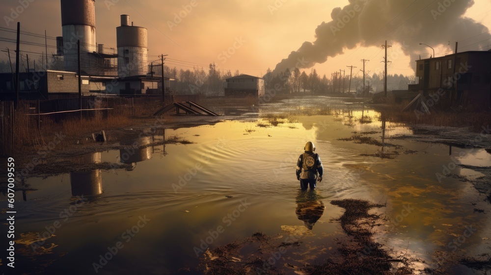 Images depict chemical spills, contaminated water sources, or hazardous ...