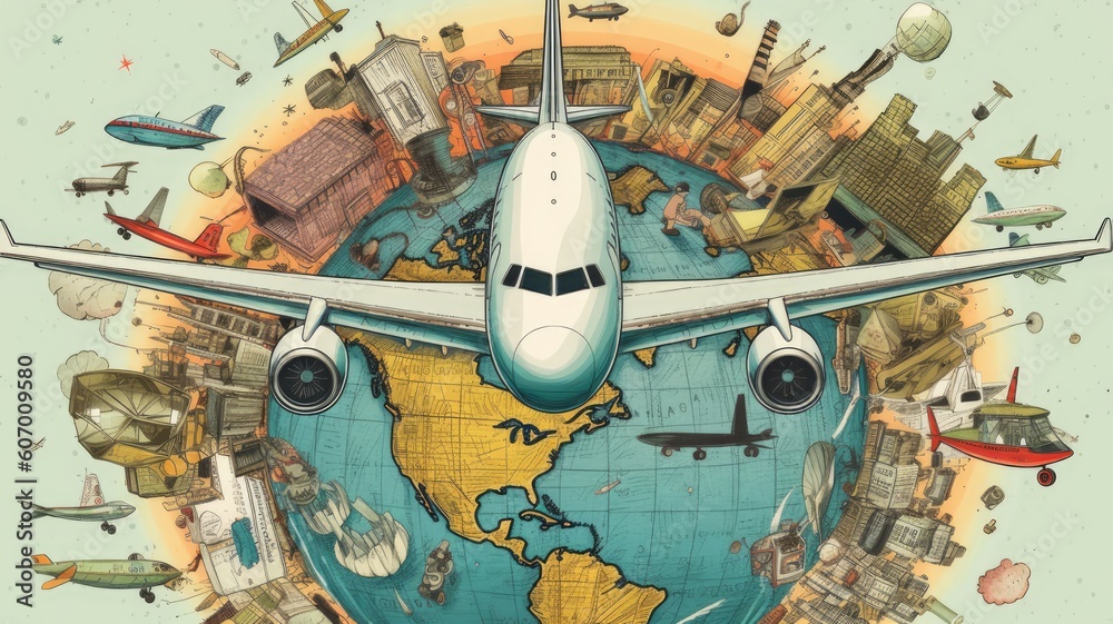 International travel: Illustrations represent airplanes taking off or ...