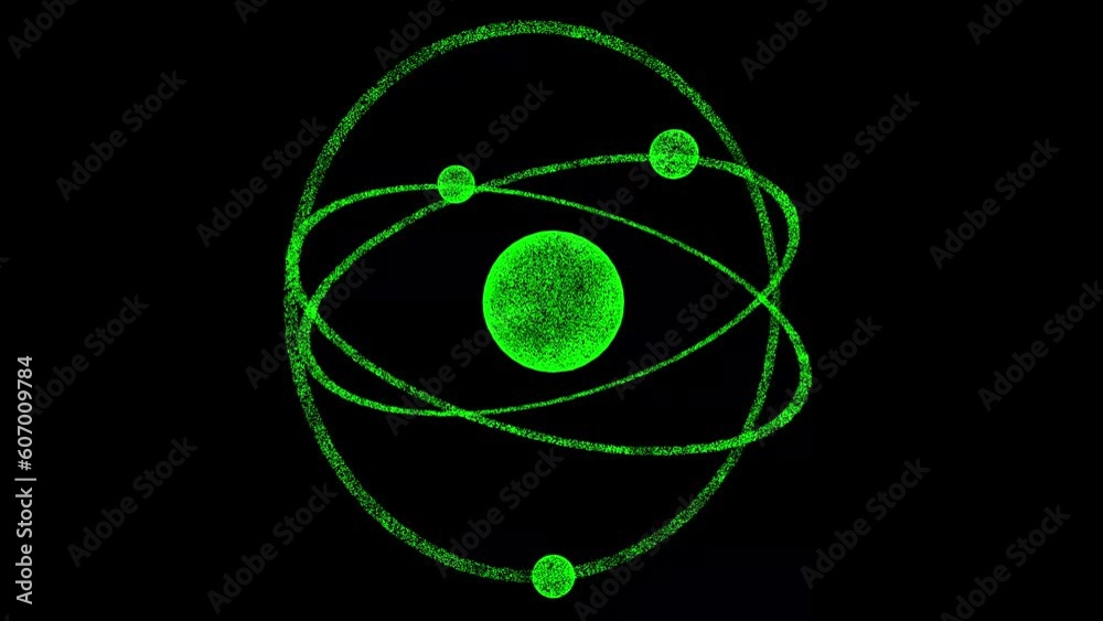3d Atom Model With A Nucleus And Electrons Rotates On Black Bg Object Dissolved Flickering