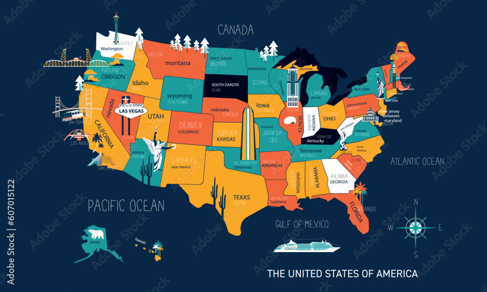 Poster map of United States of America with state names. USA cartoon ...