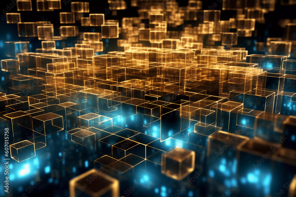 digitally animated background lighted blocks and lights, intertwined ...