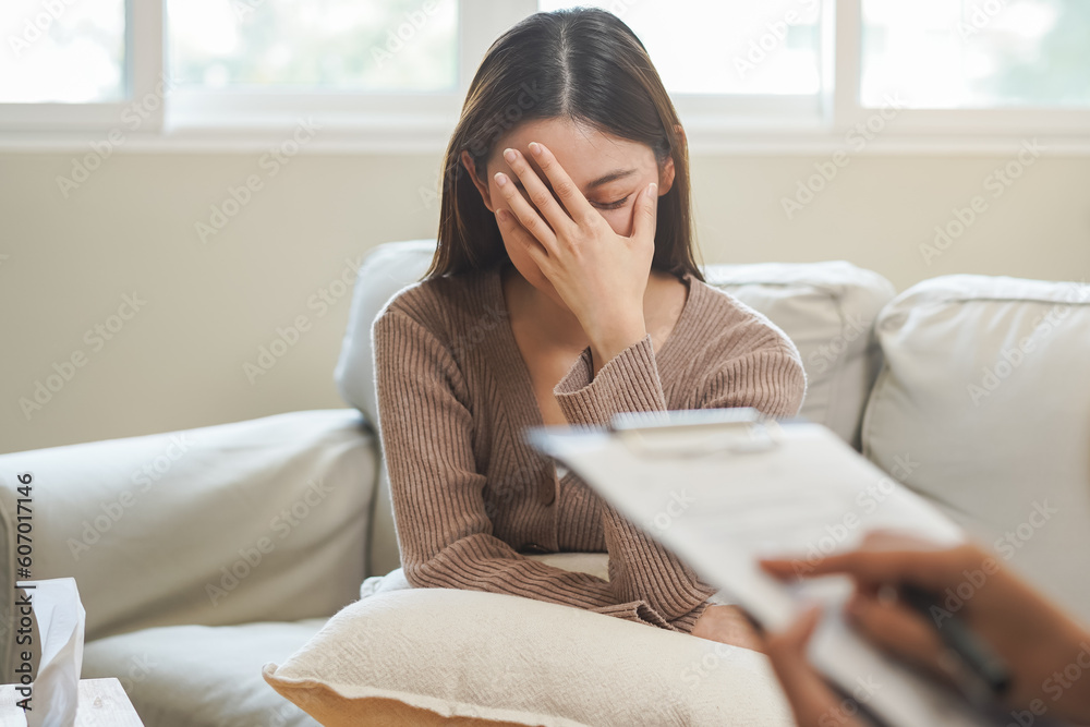 Psychology, depression. Sad, suffering asian young woman, girl ...