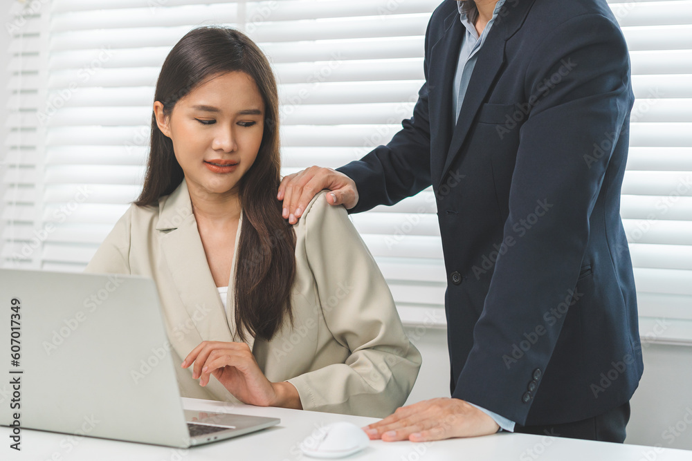 Disgusted asian young employee, pressure business woman uncomfortable ...