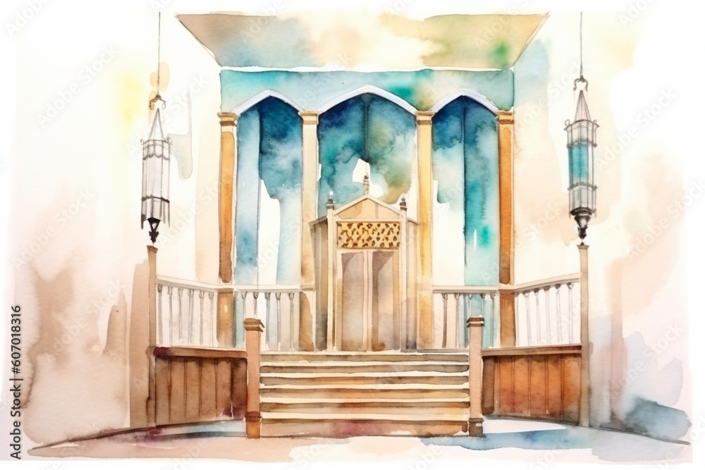 A whimsical watercolor painting of a traditional wooden minbar (pulpit ...