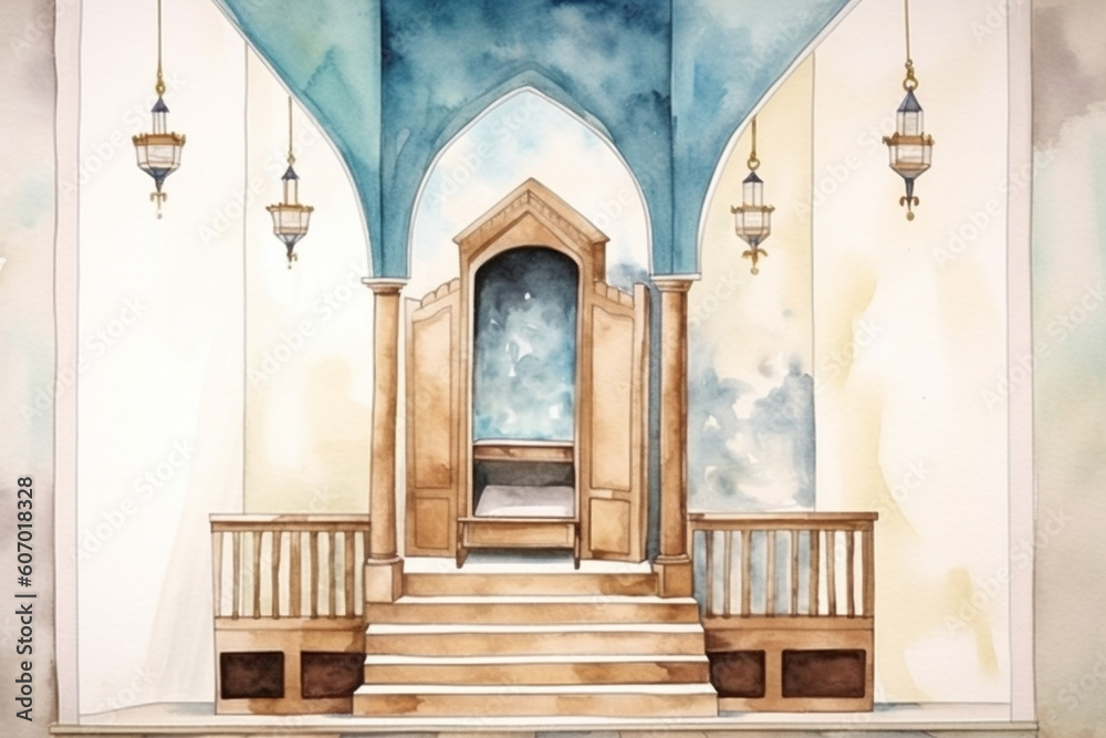 A whimsical watercolor painting of a traditional wooden minbar (pulpit ...