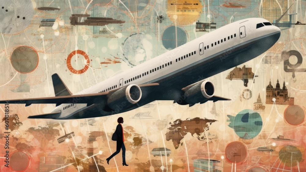 International travel: Illustrations represent airplanes taking off or ...