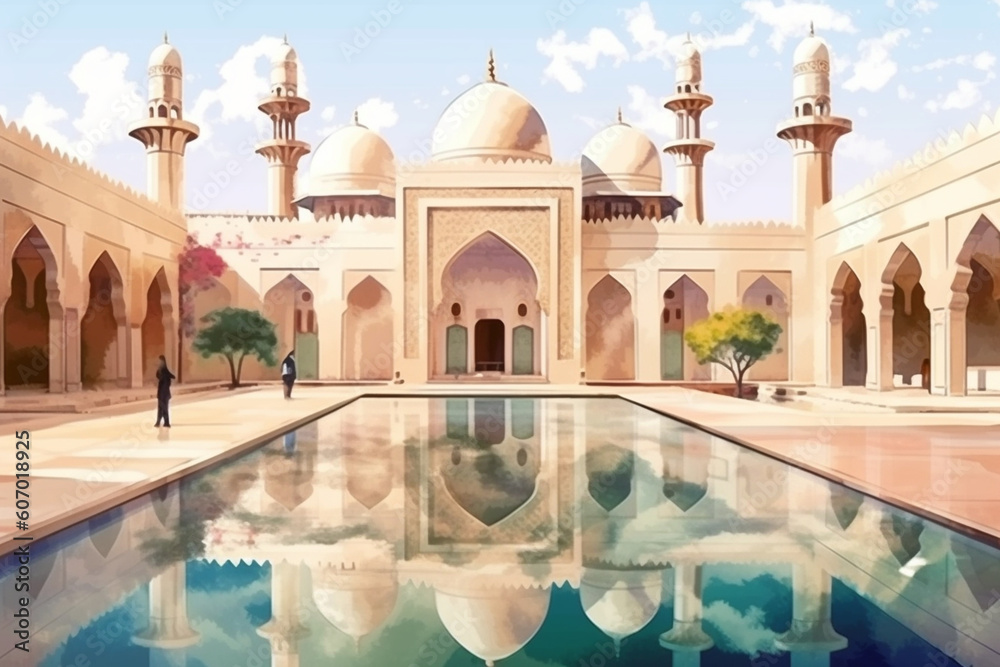 A mesmerizing watercolor illustration of a serene mosque courtyard with ...