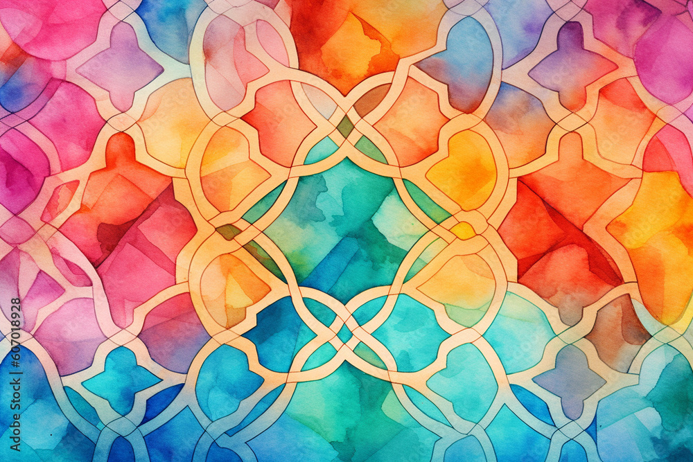 A vibrant watercolor artwork of an Islamic geometric pattern with ...