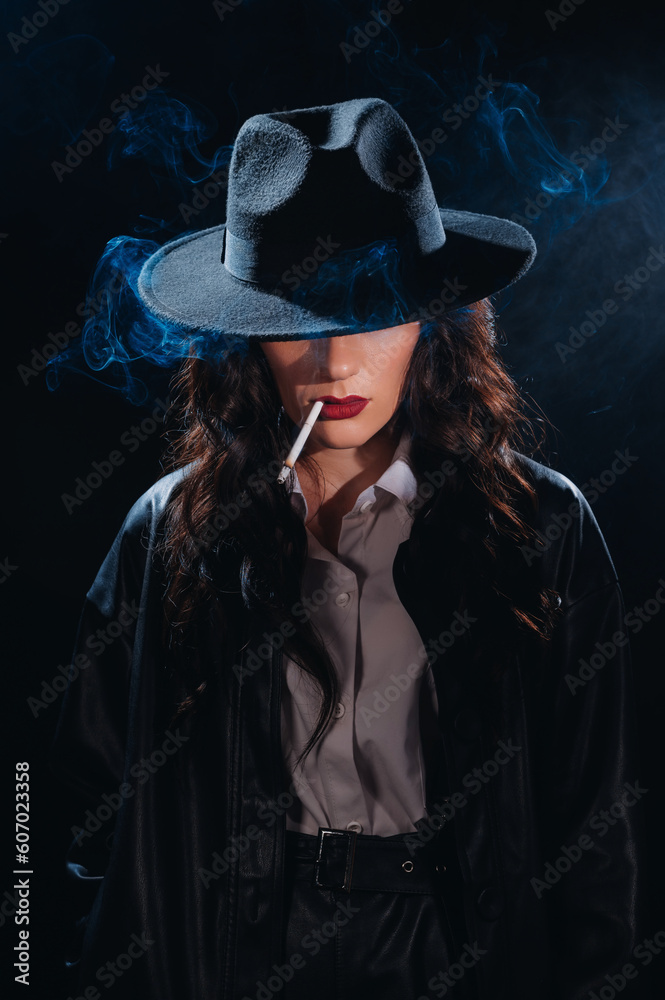 Dark noir portrait of a female detective lighting a cigarette. Private ...