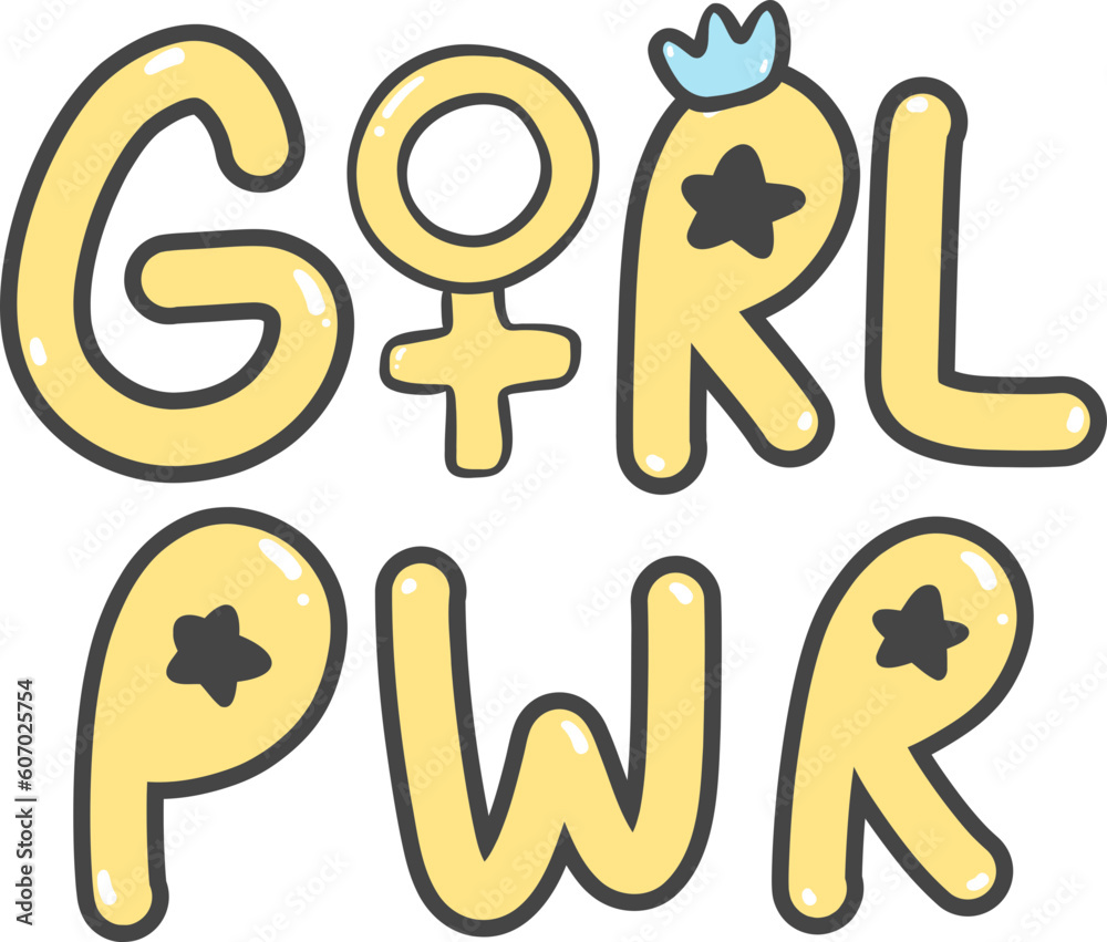 Cute simple girl power lettering word drawing doodle cartoon outline ...