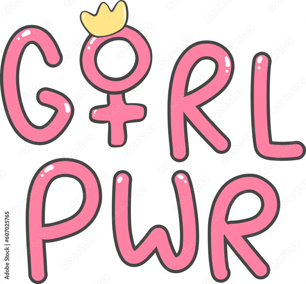 Cute simple girl power lettering word drawing doodle cartoon outline ...