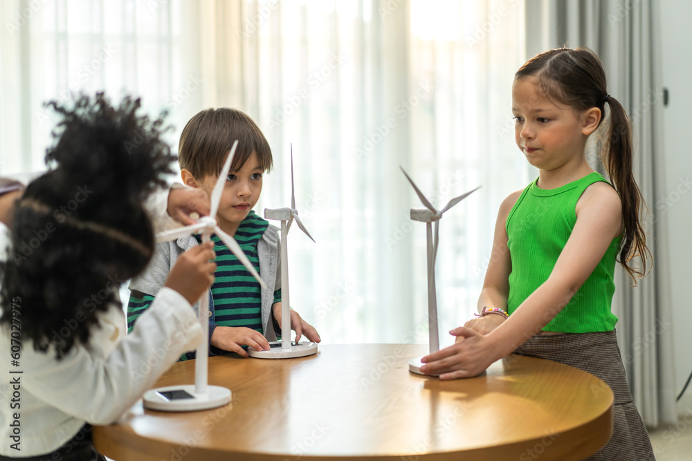 Portrait happy teacher help school children student having fun activity ...