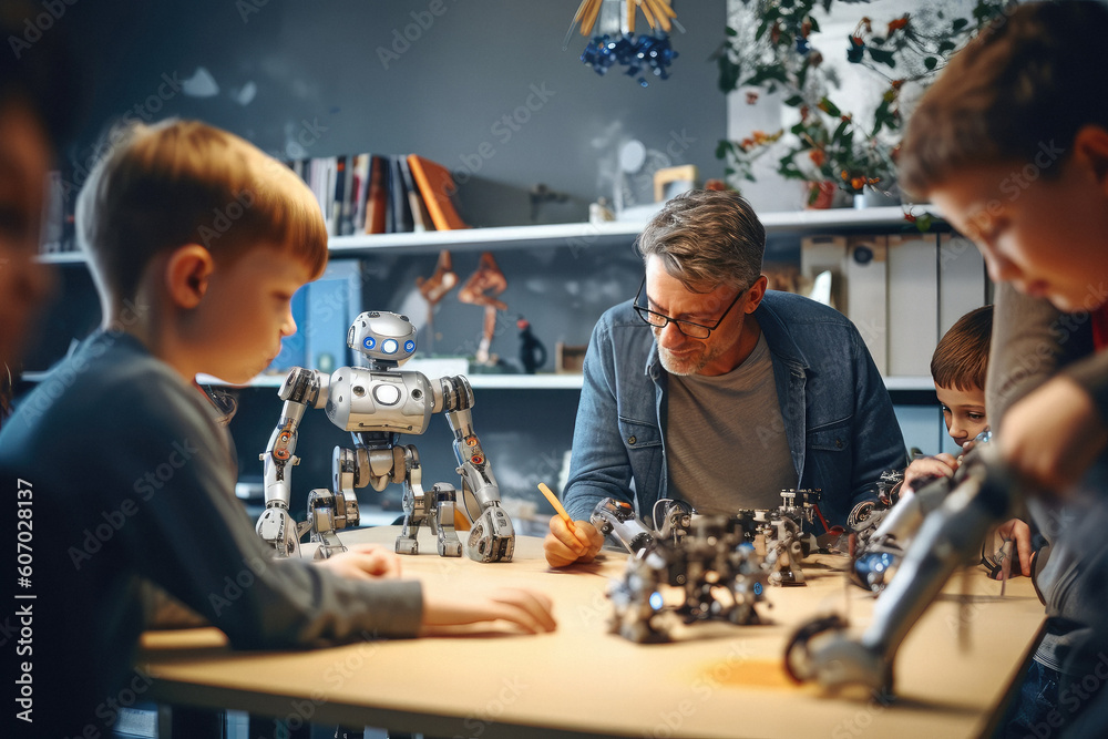 Children with teacher during robotics lesson created with Generative AI ...