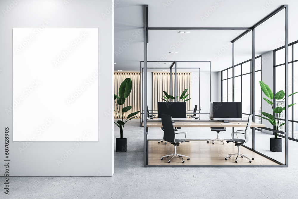 Front view on blank white poster with place for your logo or text on ...
