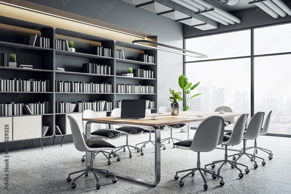 Perspective view on modern meeting room interior design with wooden ...