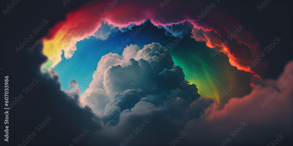 Cute sky with rainbow, dreamy sky. rainbow in the clouds. Landscape ...