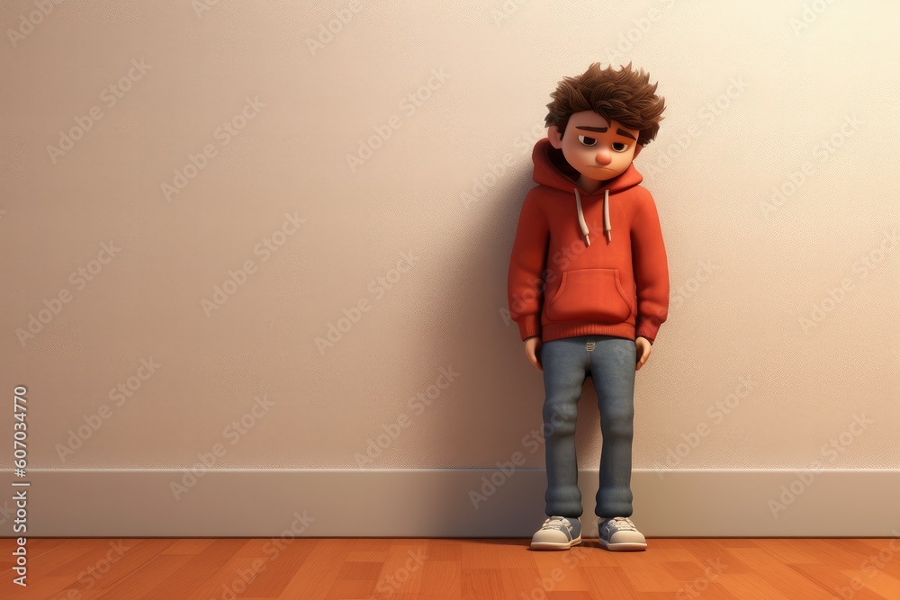 Sad Cartoon Teen Boy Standing Against a Wall with Space for Copy Stock ...