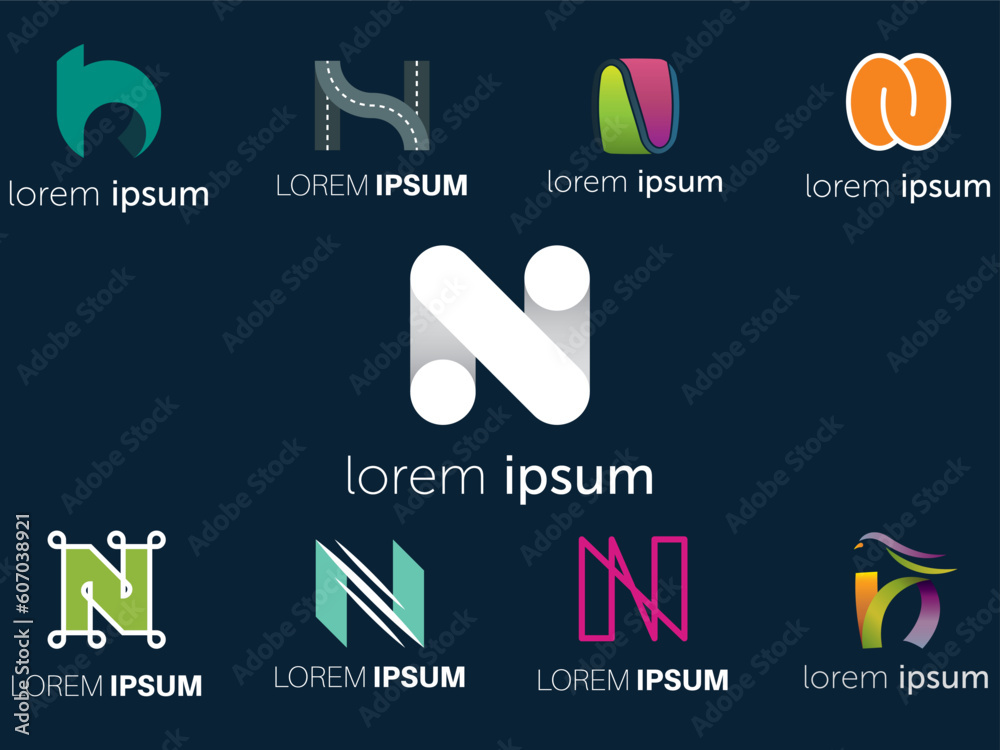 Digital illustration set of various fonts for a N letter logo design ...