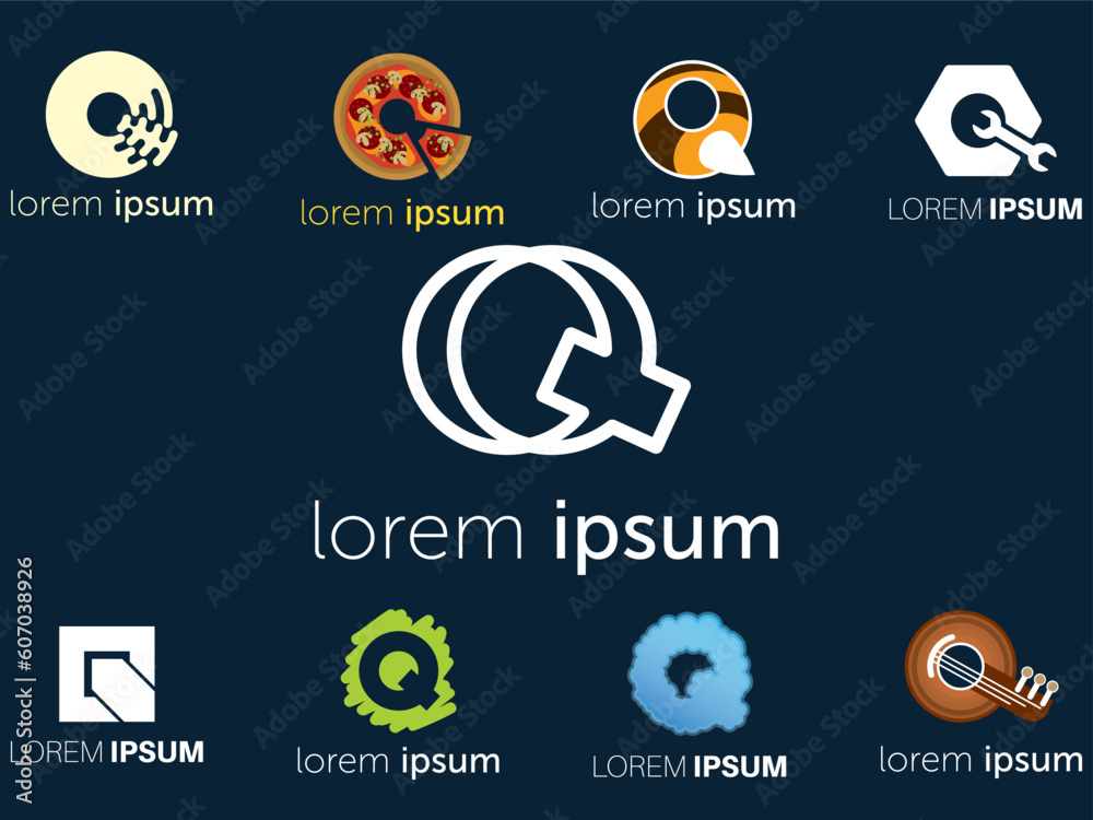 Colorful different fonts of the letter Q over the dark blue background ...