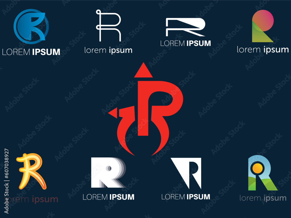 Colorful different fonts of the letter R over the dark blue background ...