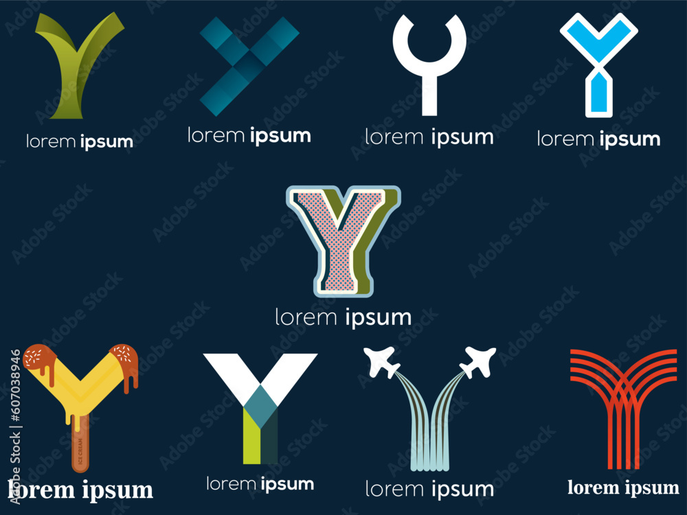 Digital illustration set of various fonts for a Y letter logo design ...