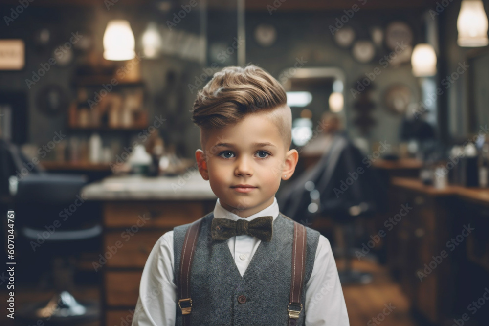 Child haircut salon. Portrait of happy child with beautiful haircut ...