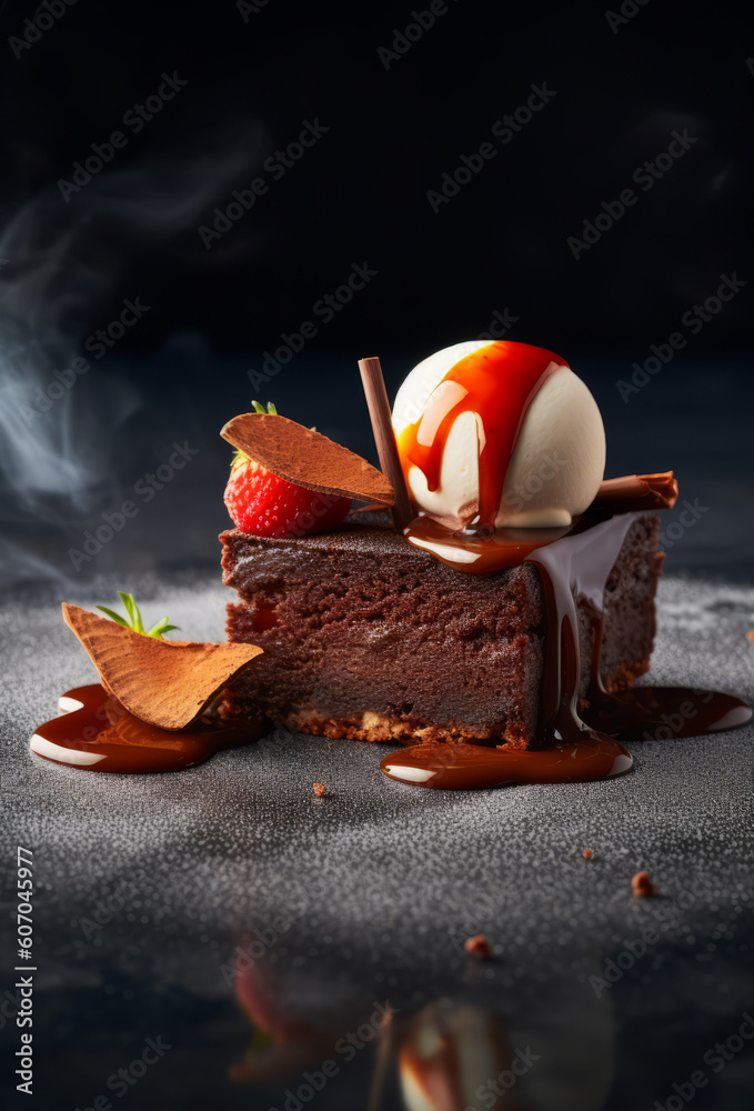 A decadent slice of chocolate pudding cake, beautifully presented with ...