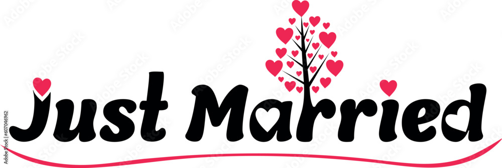 Just married, cute text on transparent background. Poster design ...