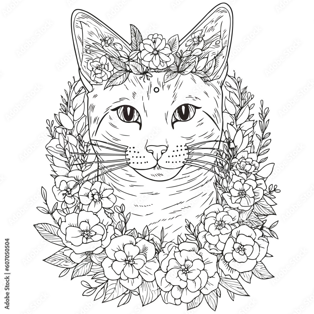 Flower Cat Coloring Pages For Adults Stock Vector | Adobe Stock