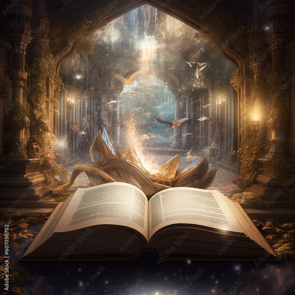 Old ancient book with ancient world on background. Magic fairy tale ...